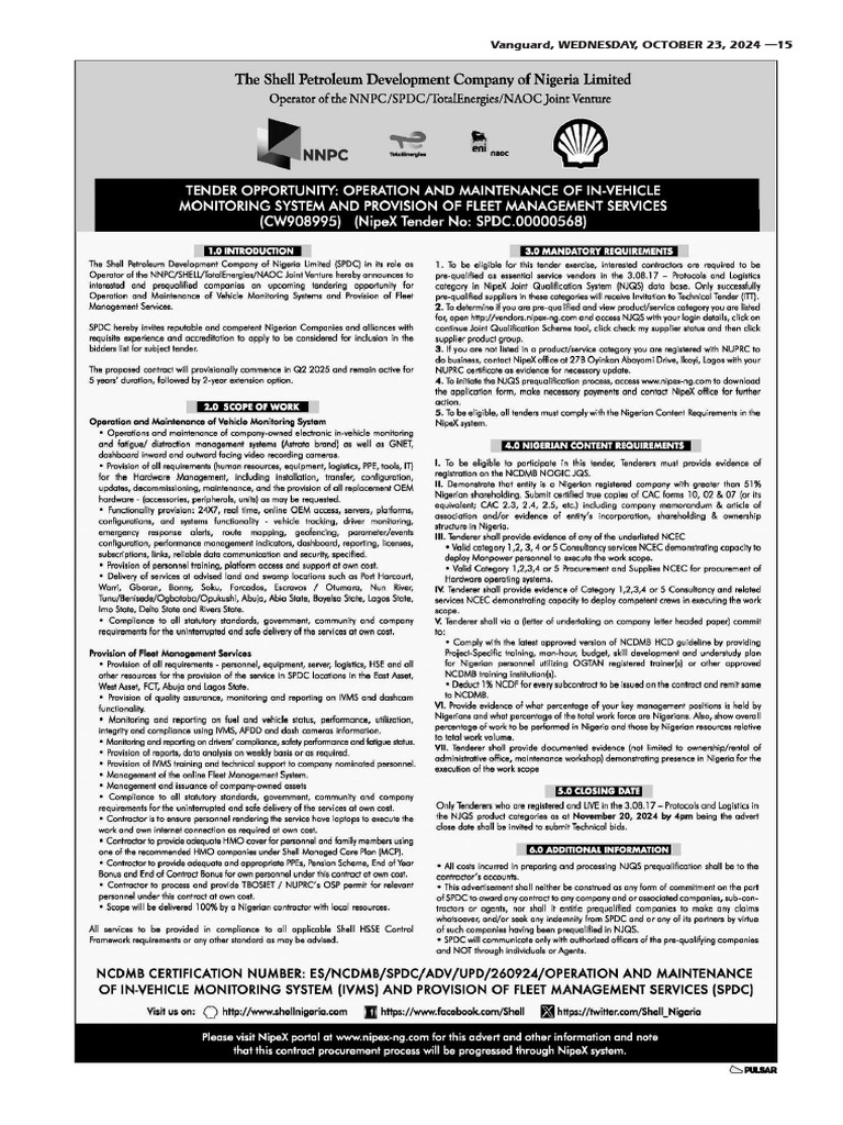 VANGUARD - Advert For Tender Opportunity - In-Vehicle Monitoring System ...