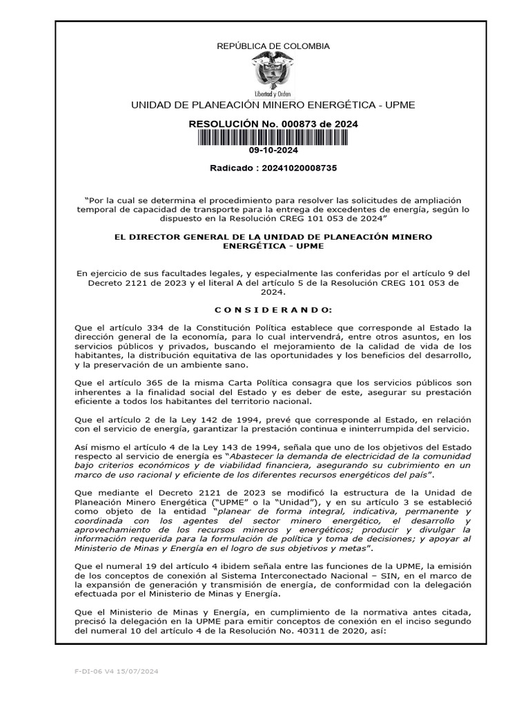 RESOLUCIon Mem No. 000873 de 2024 | PDF | Transporte | Planificación