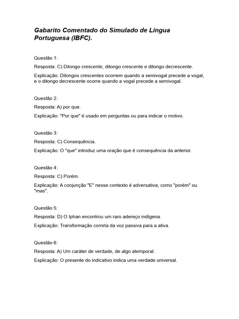 Gabarito Comentado de Simulados IBFC 2024 | PDF