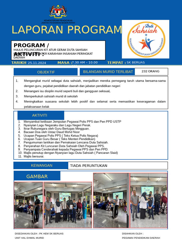 Opr Majlis Peluncuran Kita Atur Gerak Duta Sahsiah Sk Beruas | PDF