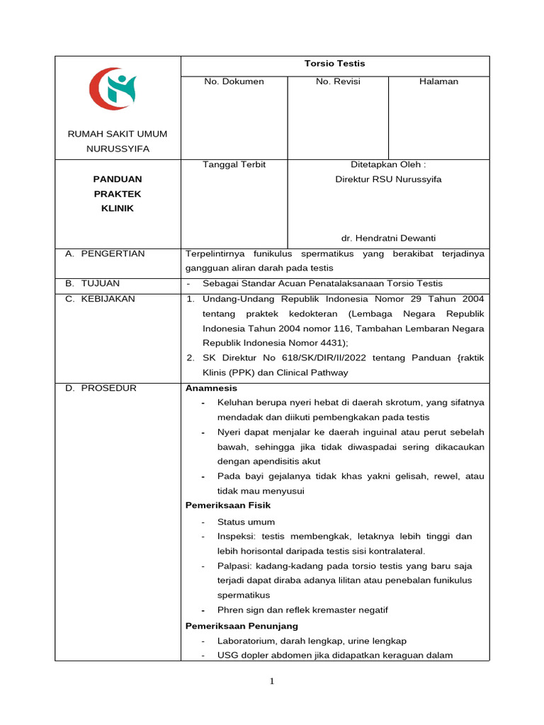 Panduan Torsio Testis di RSU Nurussyifa | PDF