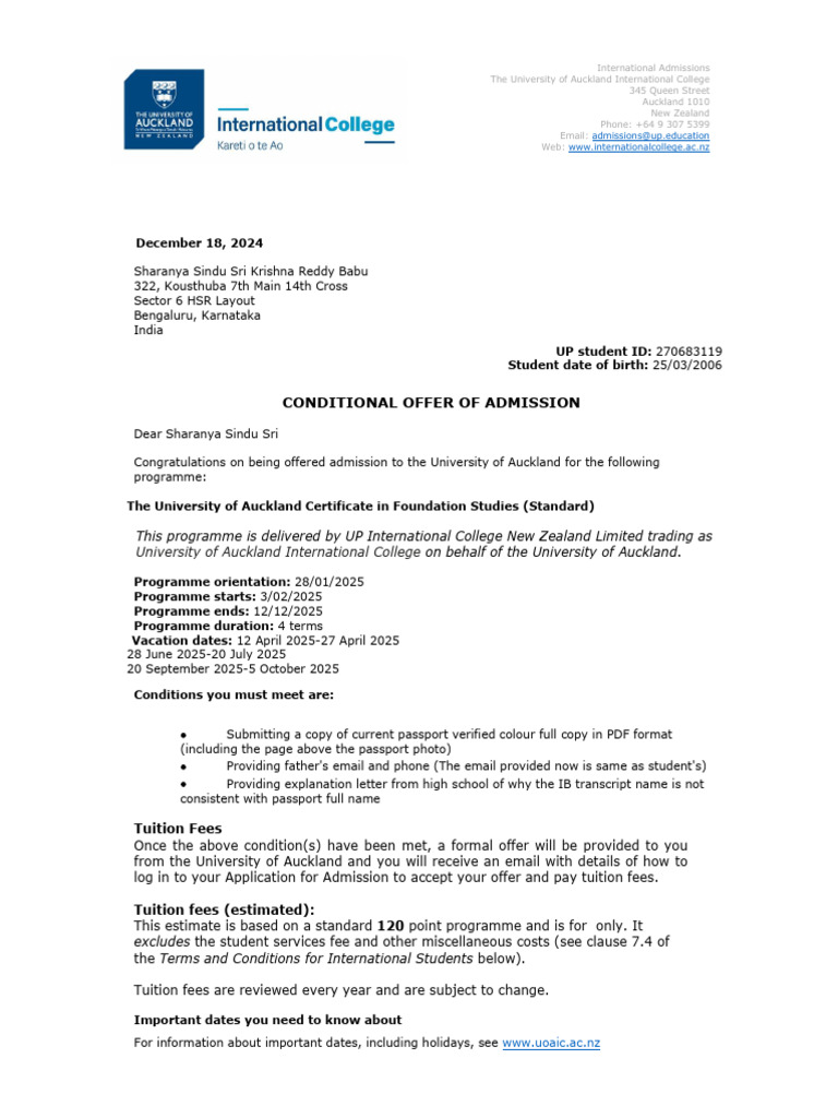 University of Auckland - Conditional Offer Letter | PDF | Travel Visa | Fee