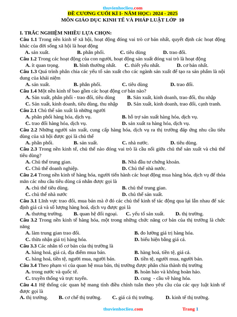 Thuvienhoclieu.com de Cuong on Tap HK1 Kinh Te Phap Luat 10 KNTT (1) | PDF