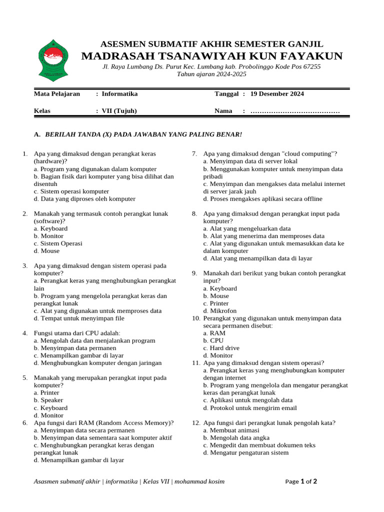 soal informatika kelas 7 ganjil 2024-2025 | PDF