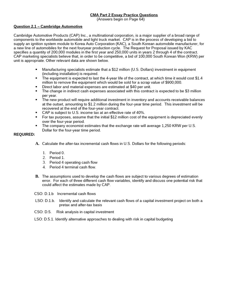 CMA Part 2 ESSAY QUES | PDF | Net Present Value | Cost Of Capital