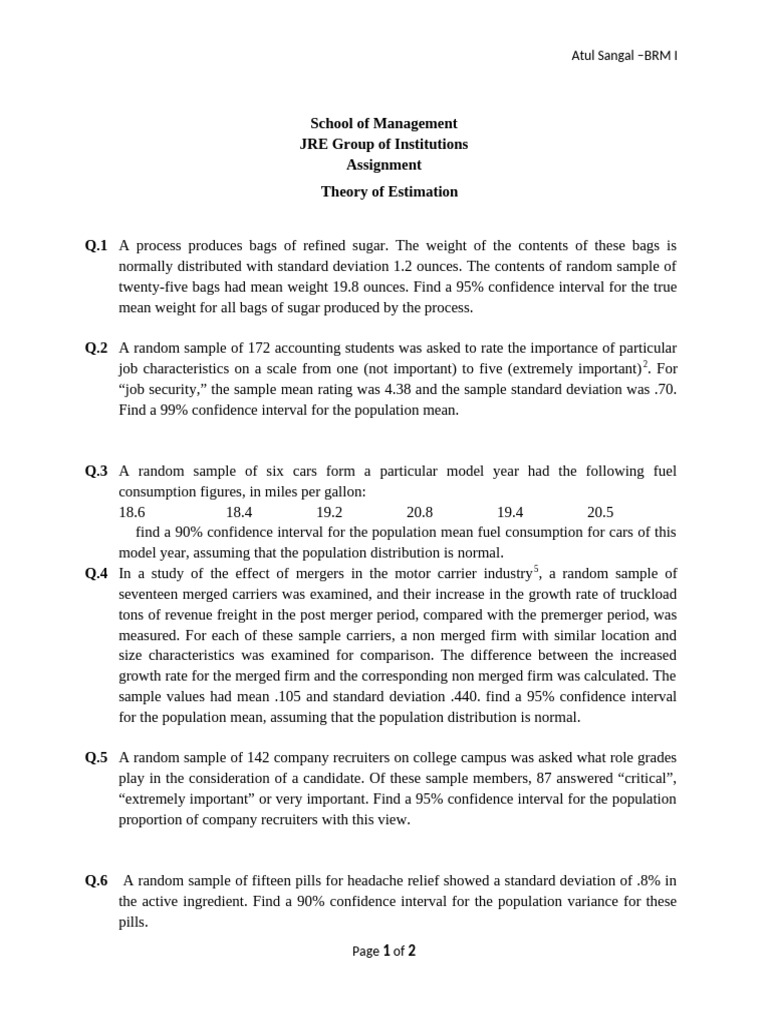 Assignment Theory Of Estimation Pdf Standard Deviation Confidence Interval