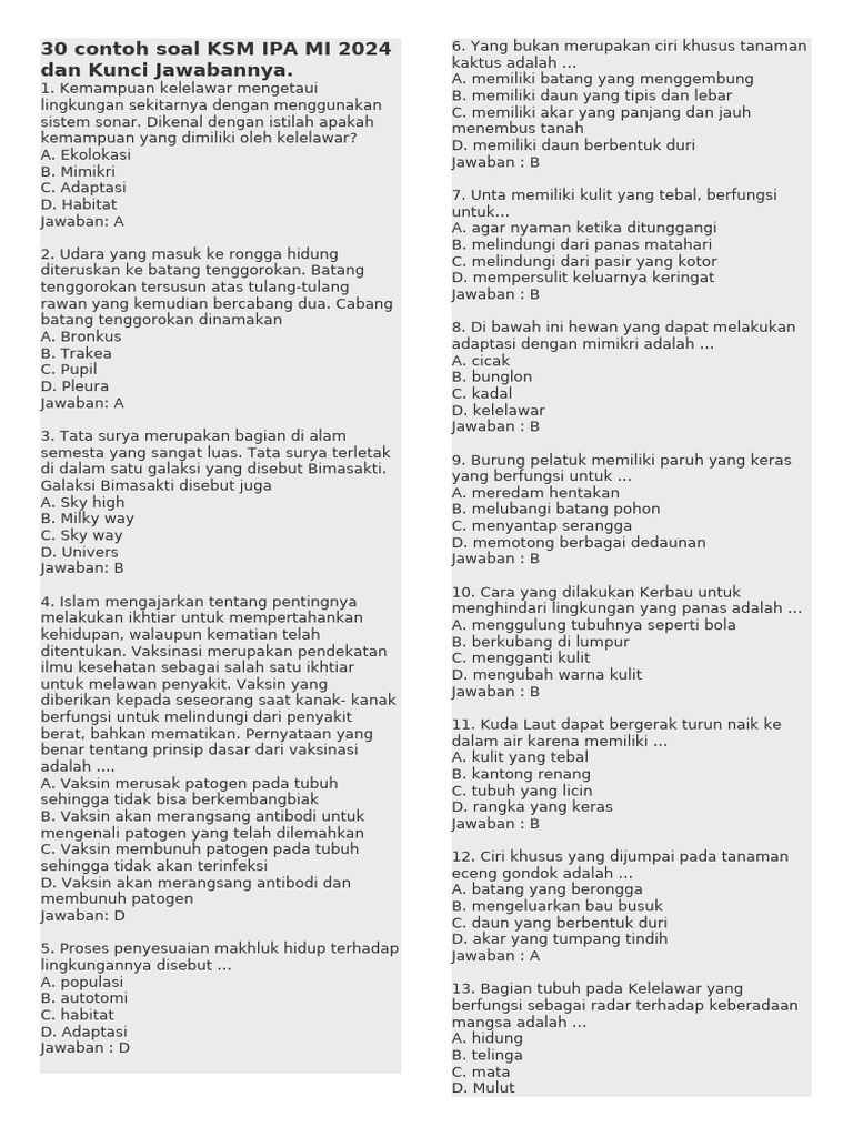30 Contoh Soal KSM IPA MI 2024 Dan Kunci Jawabannya | PDF