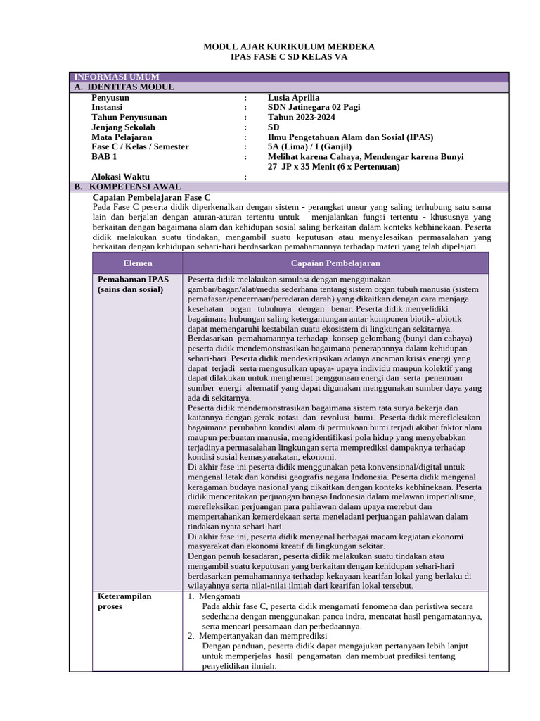 Modul IPAS Kelas VA: Cahaya & Bunyi | PDF