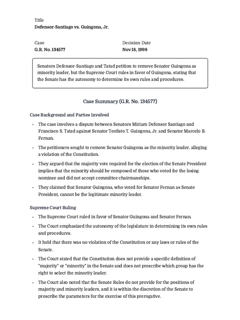 Santiago vs. Guingona Ruling Summary | PDF | Supreme Court Of The ...
