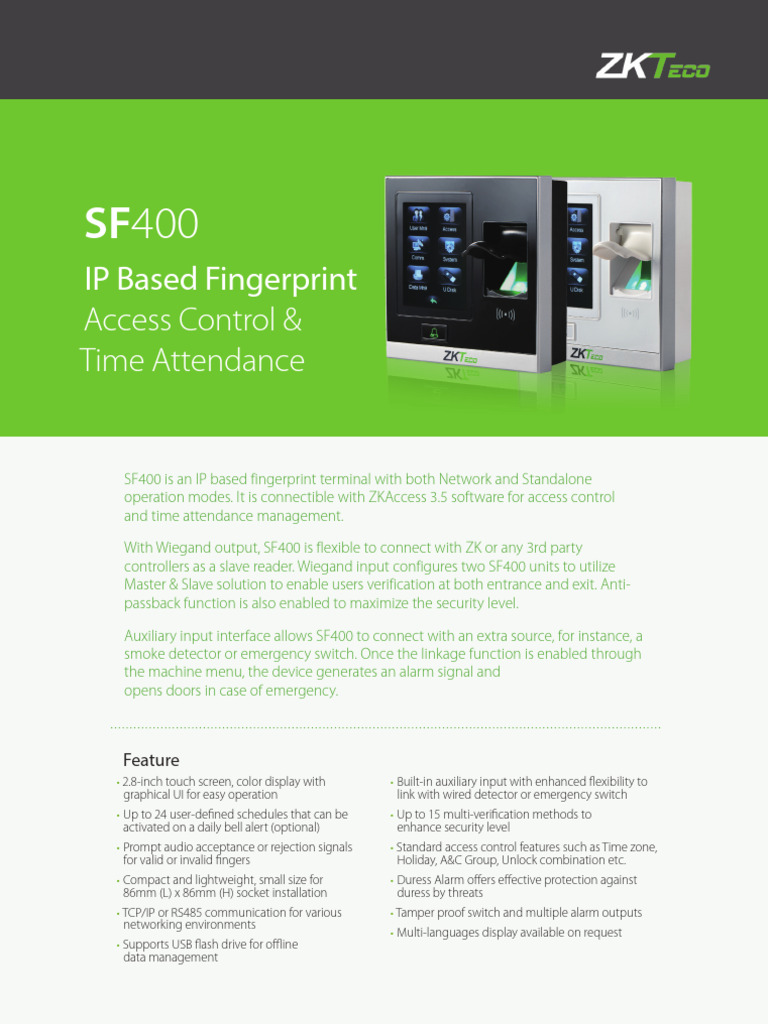 SF400 Datasheet | PDF | Access Control | Touchscreen