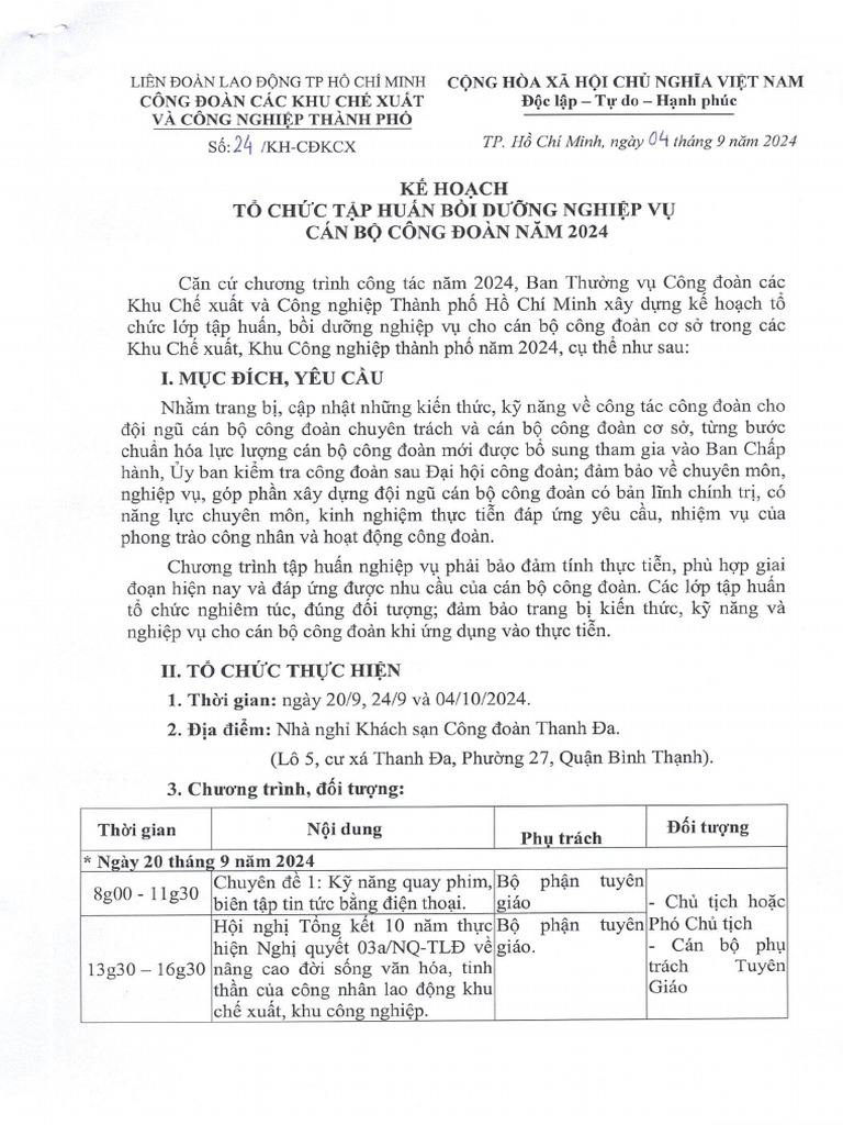 KH 24 - Ke Hoach To Chuc Tap Huan, Boi Duong Nghiep Vu Can Bo Cong Doan Nam 2024 - 0001 | PDF