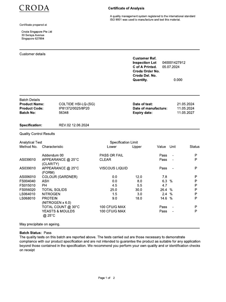 Coa Coltide Hsi-Lq - (SG) Lot 56348 | PDF