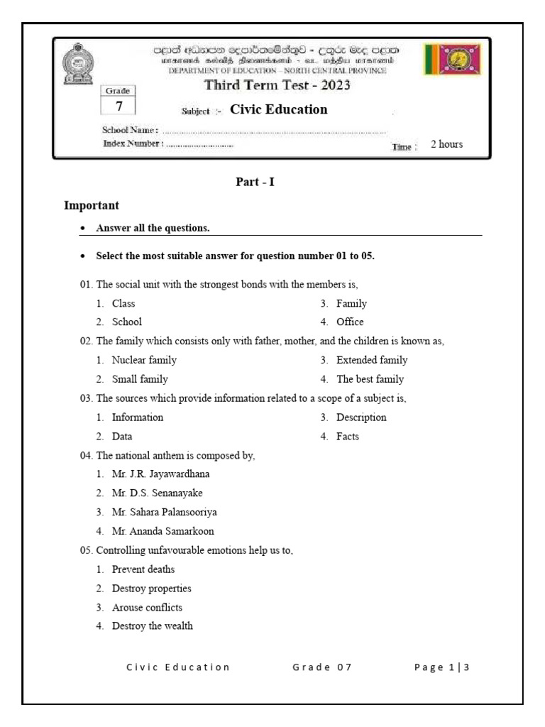 North Central Province Grade 7 Civic Education 2023 3rd Term Test Paper ...