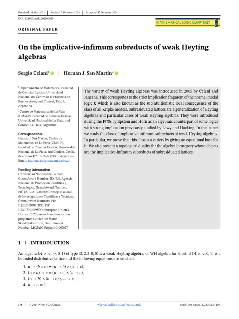 On The Implicative-Infimum Subreducts of Weak Heyting Algebras MLQ 2024 ...