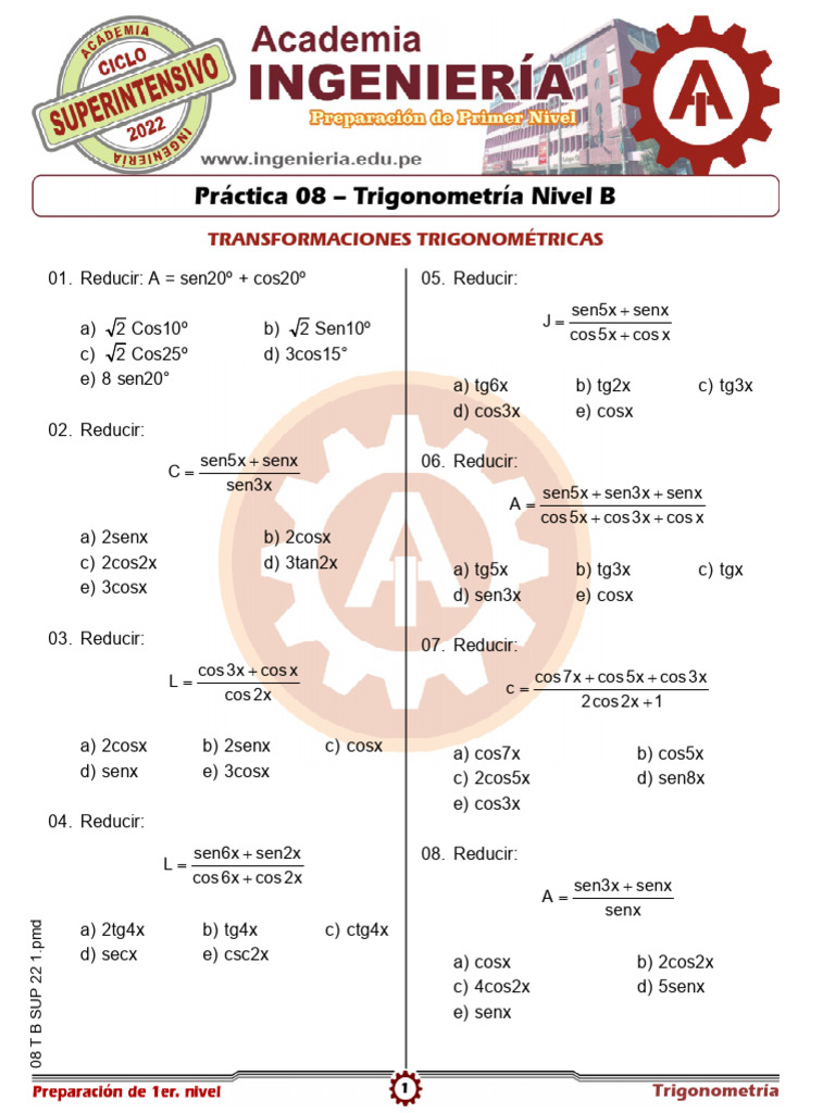 Trigonometría Nivel B - Práctica - Super - Semana-08 | PDF