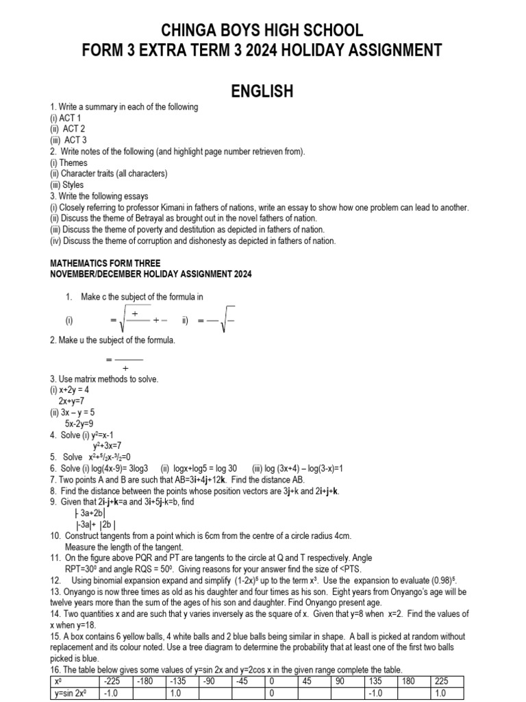 Cbhs Form 3 2024 Term 3 Dec Holiday Assignment | PDF | Circle ...