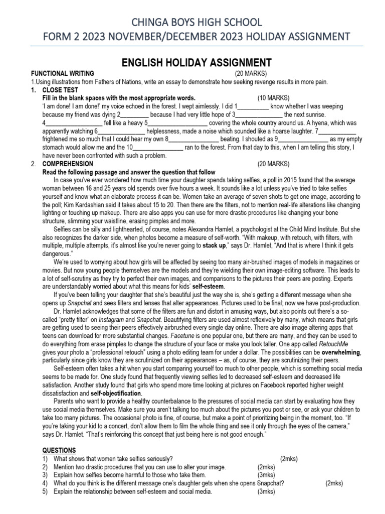 Cbhs Form Two Nov_december Holiday Assignment 2023 | PDF