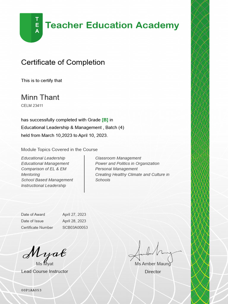 Minn Thant Certificate of Completion CELM TEA | PDF