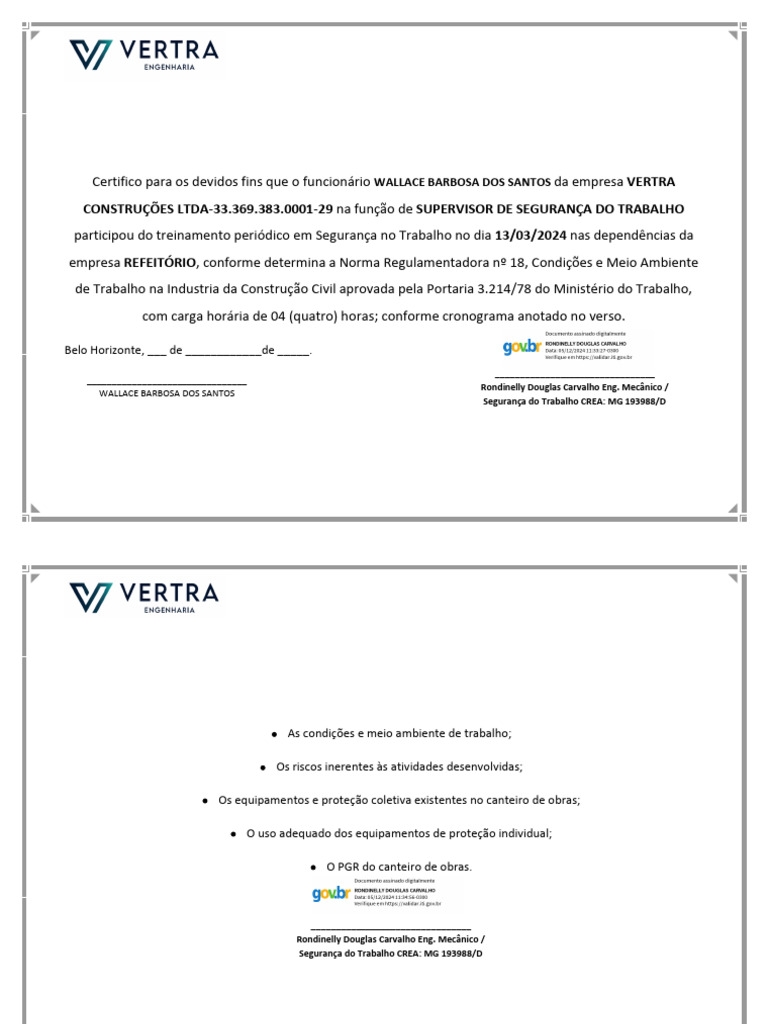 Certificado de NR18 - Wallace (1) Assinado Assinado | PDF