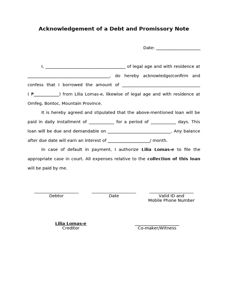 Acknowledgement of a Debt and Promissory Note | PDF