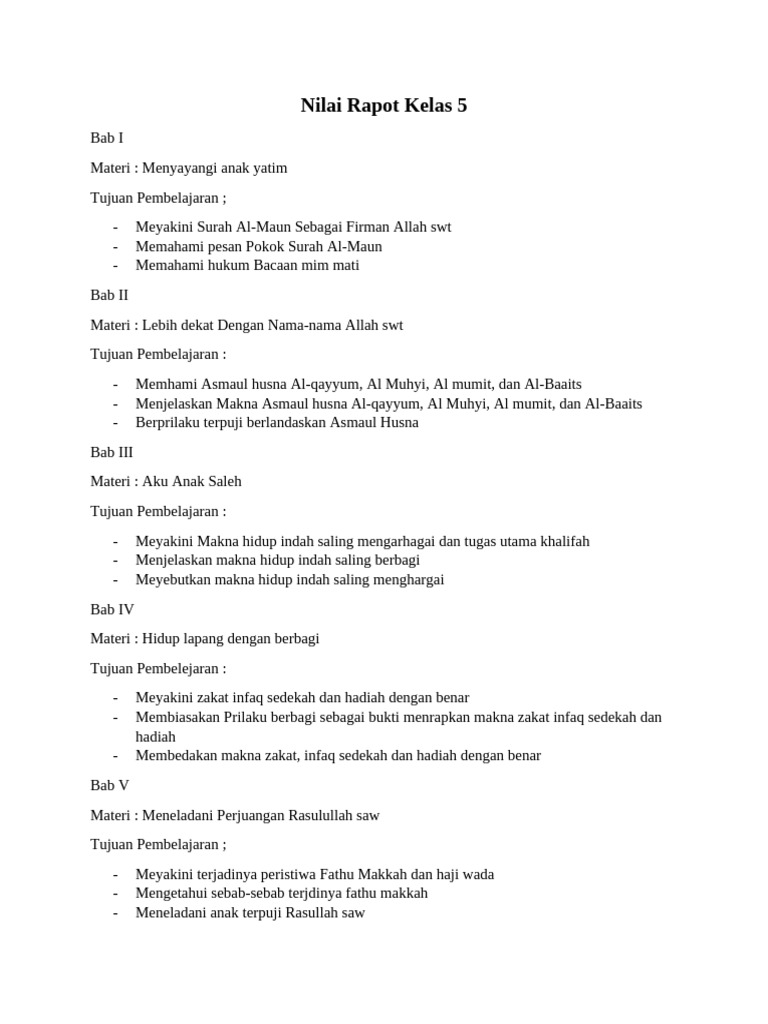 Nilai Rapot Kelas 5 | PDF