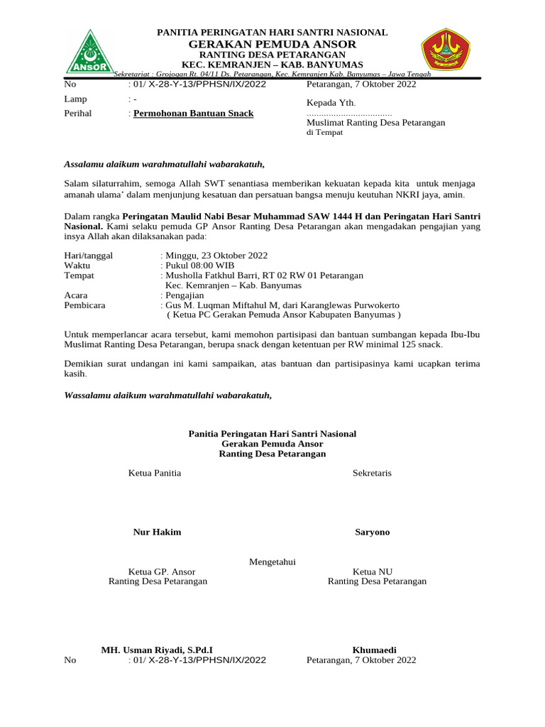 Surat Undangan PHSN Muslimat (Konsumsi) | PDF