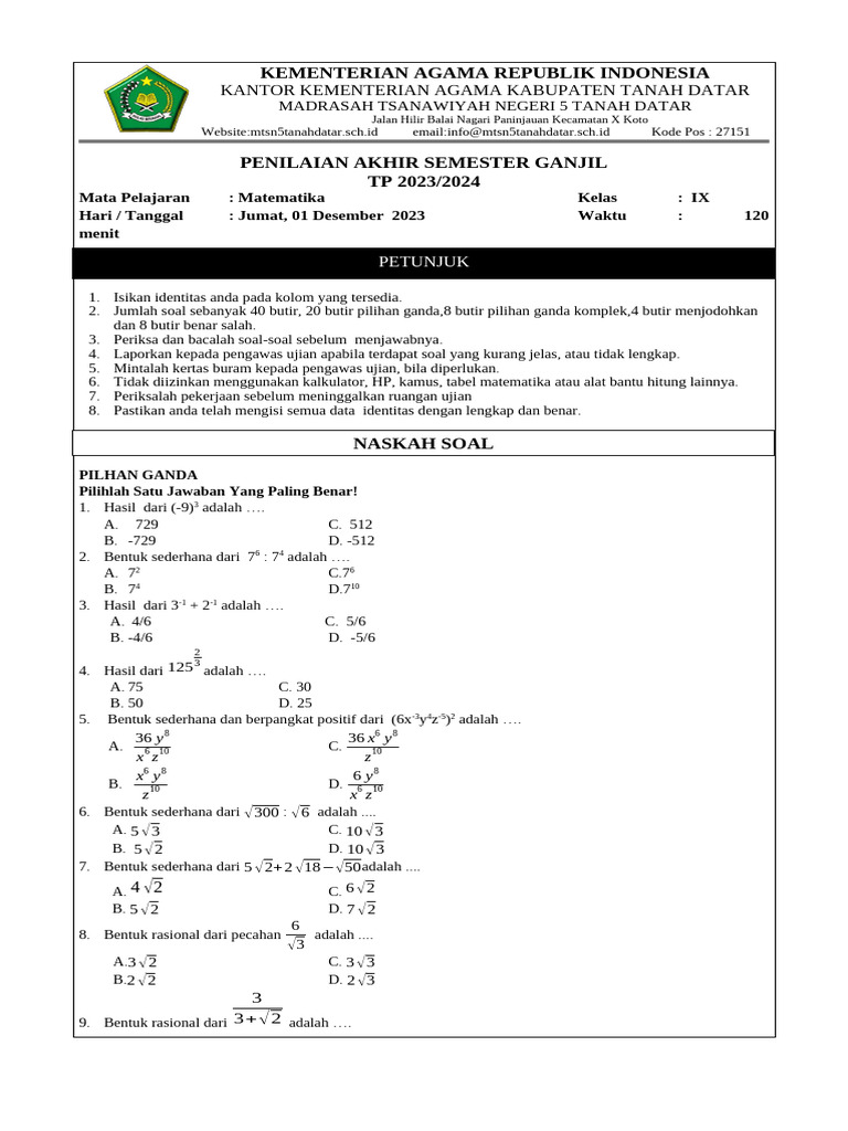 SOAL MTK SMT GANJIL 2023 KLS 9 | PDF
