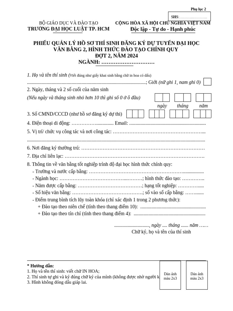 4. Tuyen sinh VB2CQ nam 2024 - Dot 2 - PL2 - Phieu quan ly ho so - Chinh thuc | PDF
