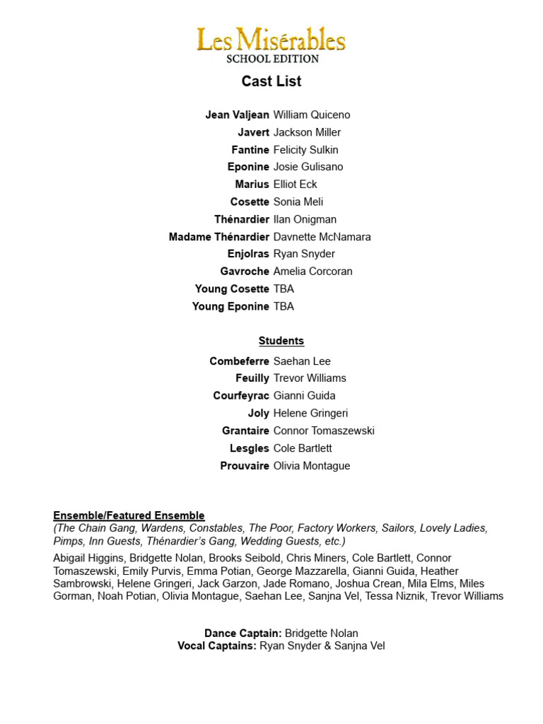 Les Misérables 2025 Cast List | PDF