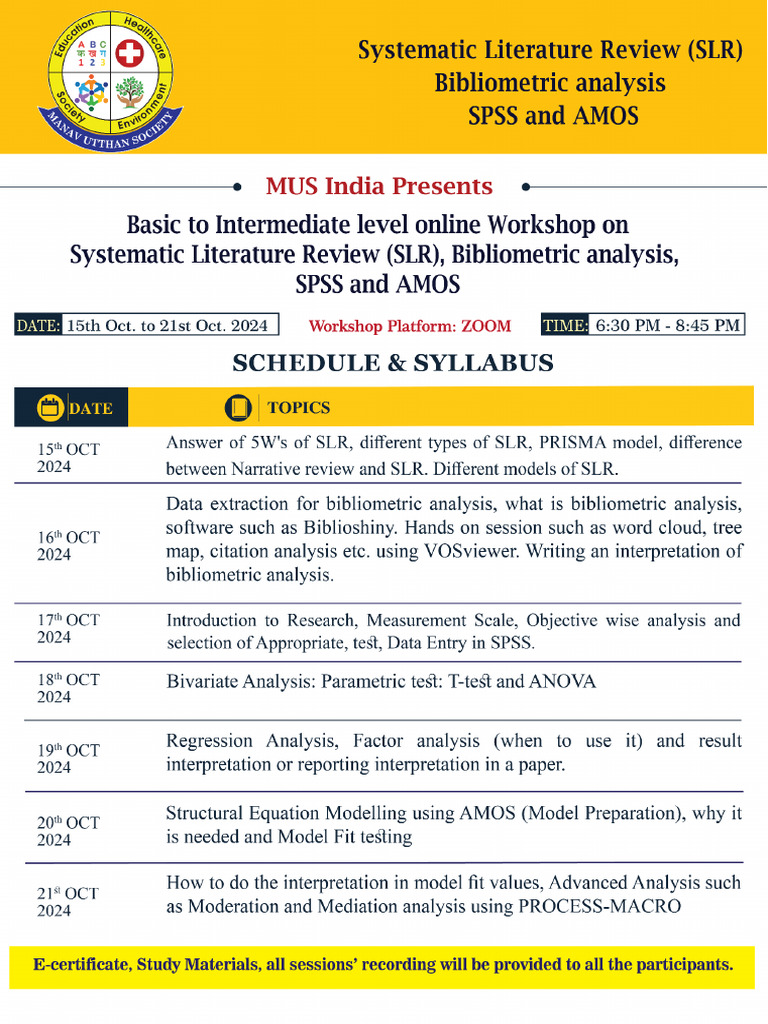 MUS India SLR, Bibliometric, SPSS & AMOS Workshop 15th Oct To 21st Oct ...