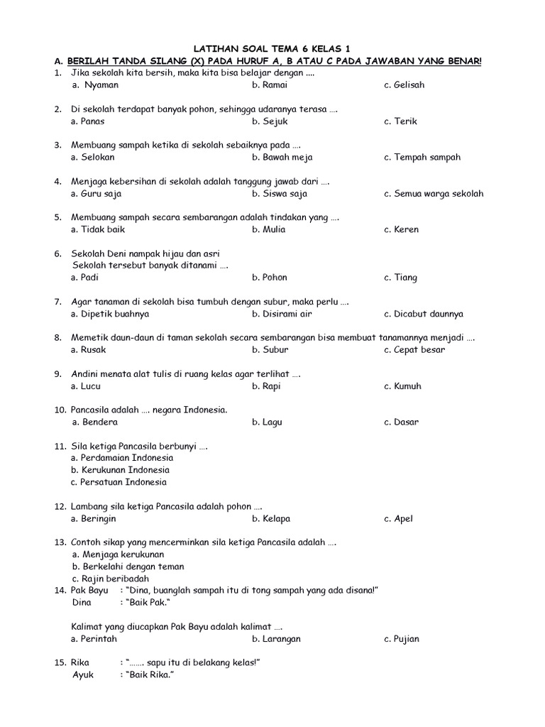 Latihan Soal Tema 6 Sub 3 Kelas 1 | PDF