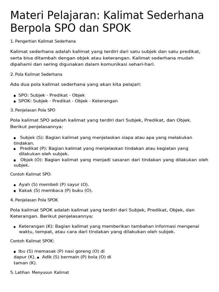 Kalimat Sederhana: Pola SPO dan SPOK | PDF