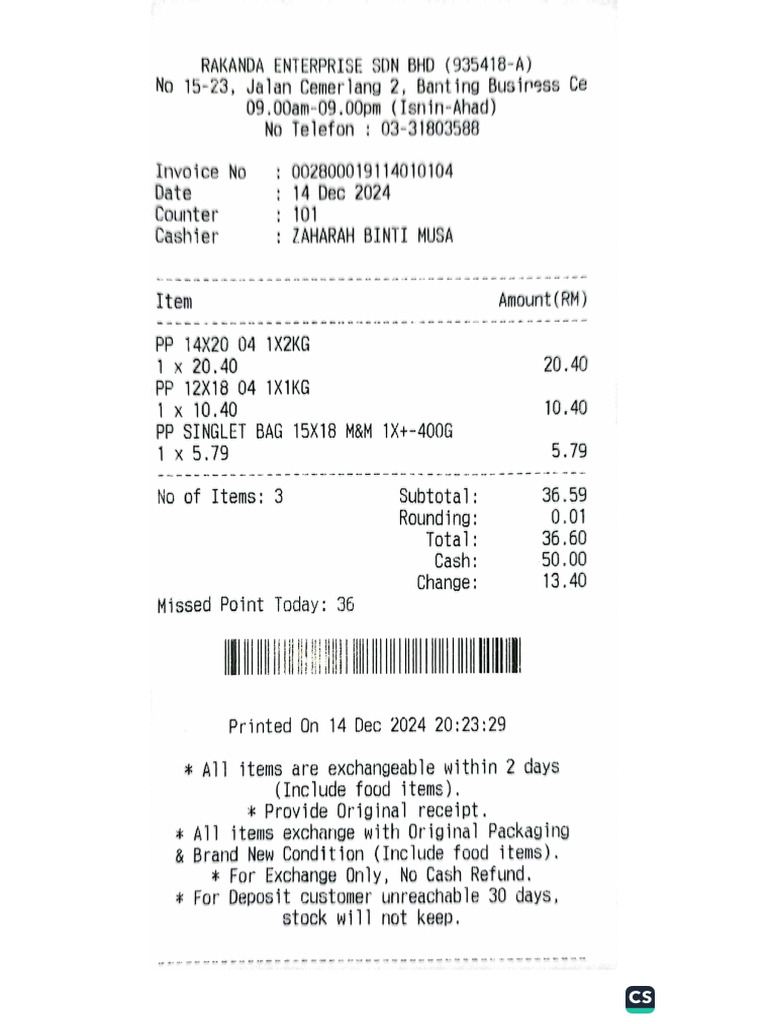 Receipt Sampling Plastic Purchase. | PDF