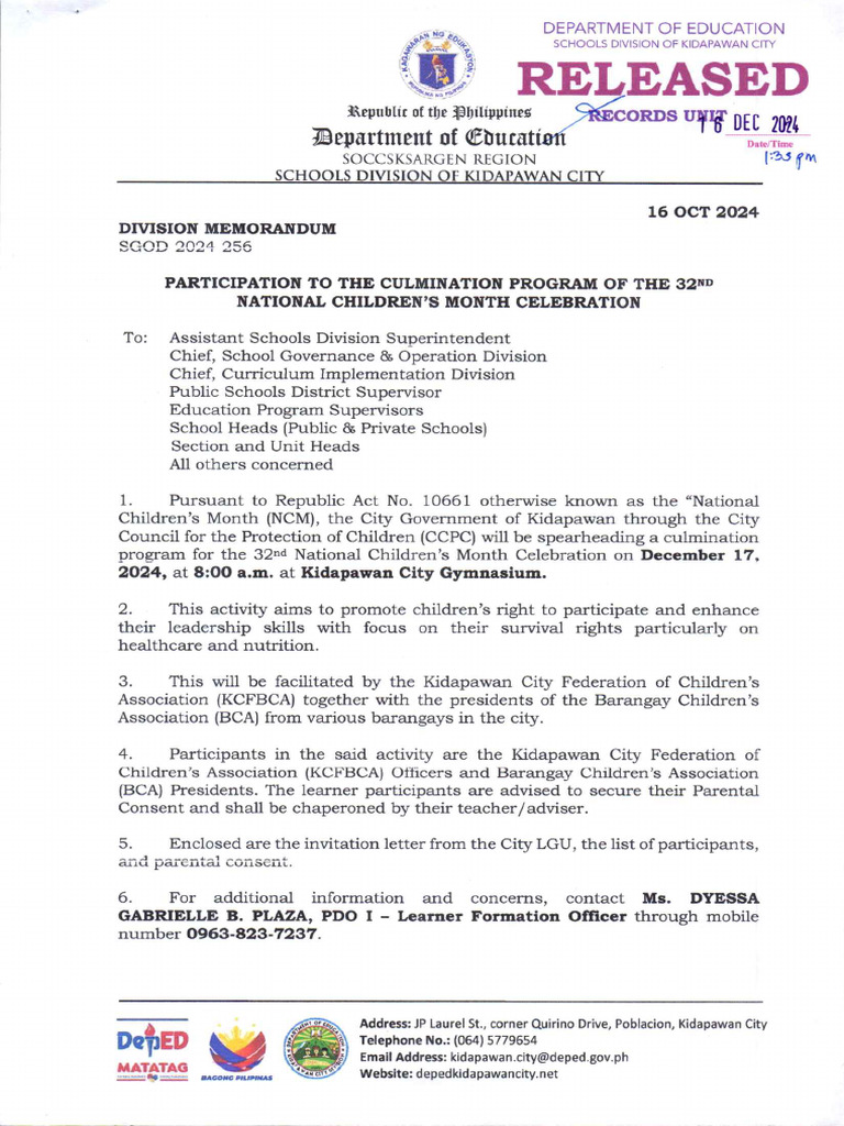 DM - SGOD - 2024 - 256 - Participation To The Culmination Program of The 32nd National Children ...