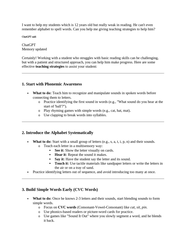 Teaching Strategies for Struggling Readers | PDF | Memory | Phonics