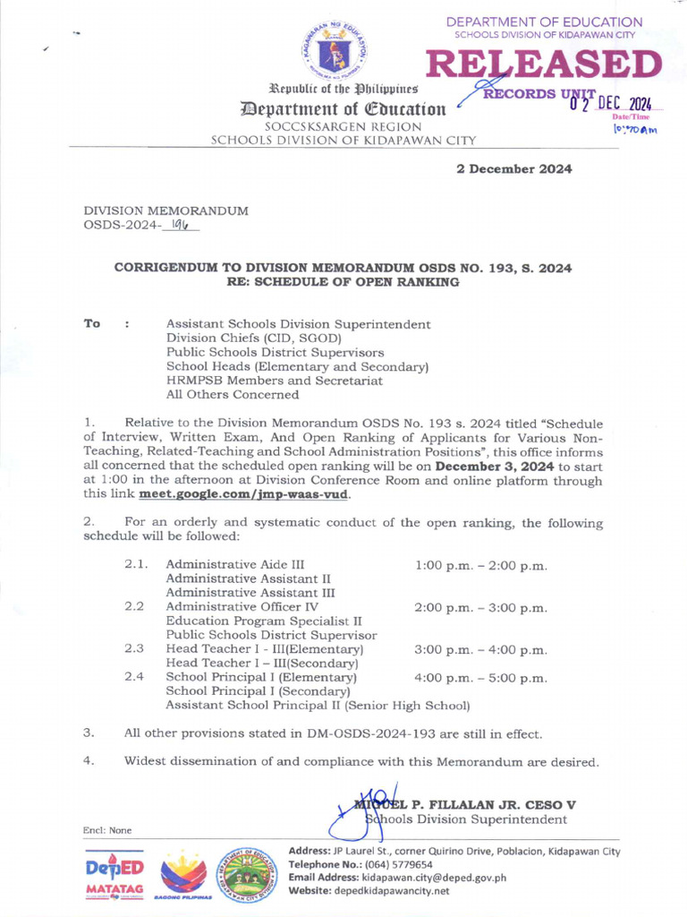 DM - OSDS - 2024 - 196 - Corrigendum To Division Memorandum OSDS No ...