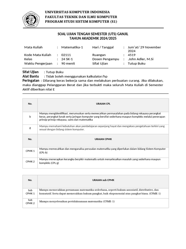 OBE_2024_1 UTS Matematika I | PDF