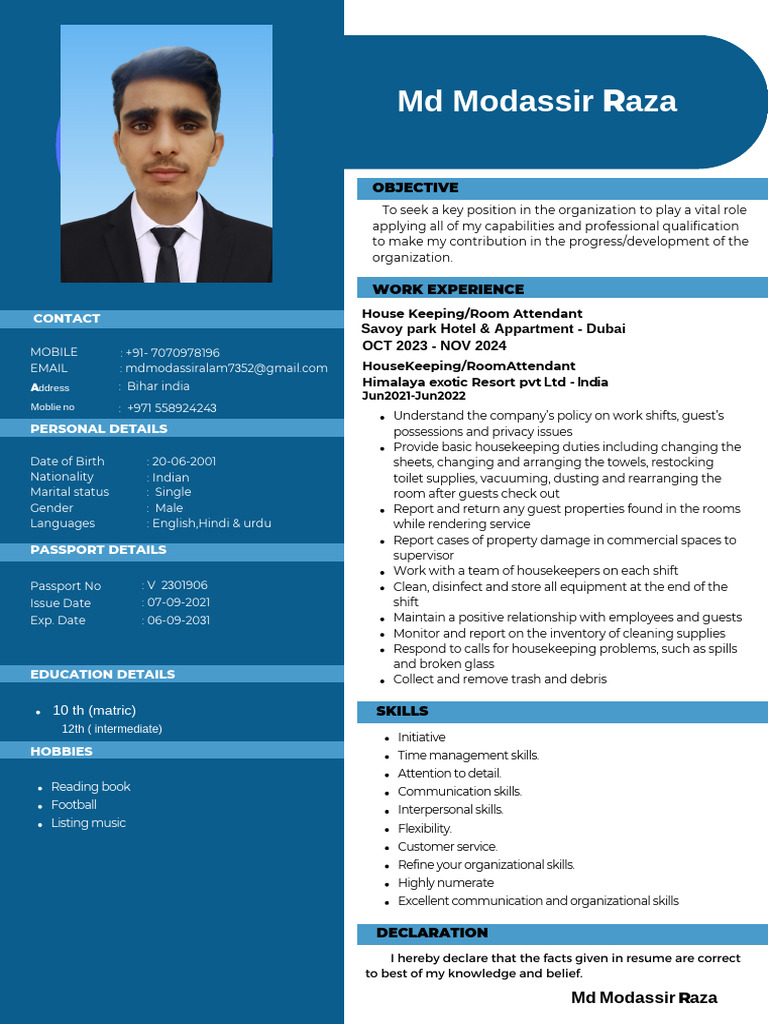 Md Modassir Raza. CV ?? | PDF | Housekeeping