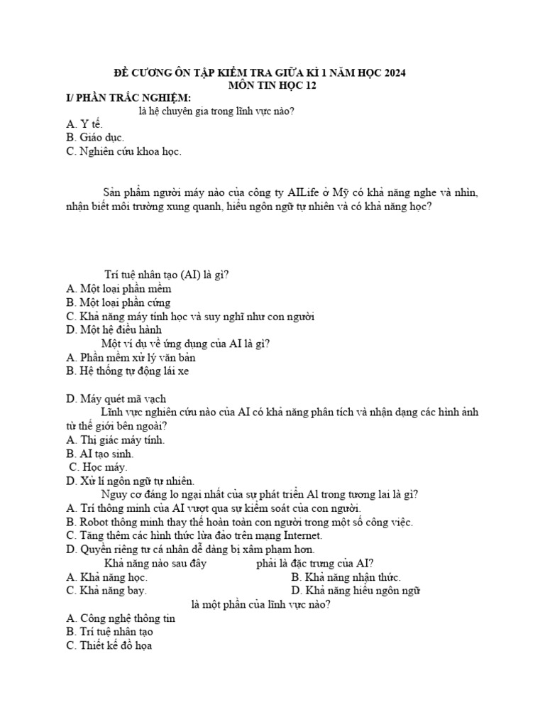 De Cuong On Tap Giua Ki 1 Lop 12 1 | PDF