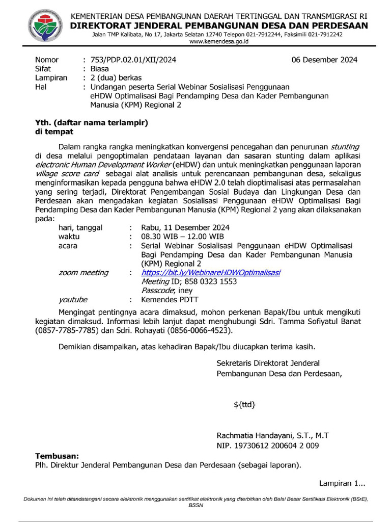 753 Undangan Peserta Serial Webinar Sosialisasi Penggunaan eHDW Optimalisasi KPM REG 2 | PDF