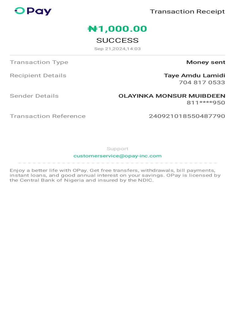 OPay ₦1,000 Transfer Receipt | PDF