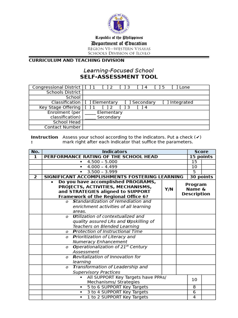 LEARNING-FOCUSED SCHOOL SELF-ASSESSMENT TOOL | PDF | Education Theory ...