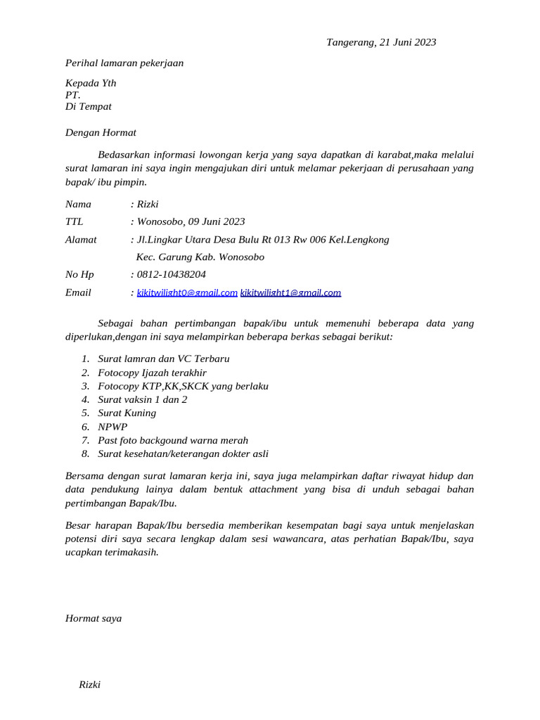 Lamaran Pekerjaan Rizki | PDF