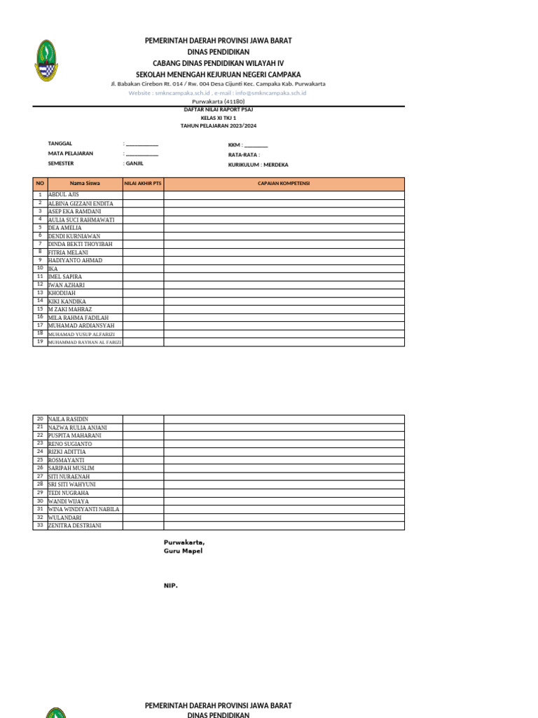 Daftar Nilai Rapot Psaj Kelas X, Xi, Xii TP 2023-2024 | PDF