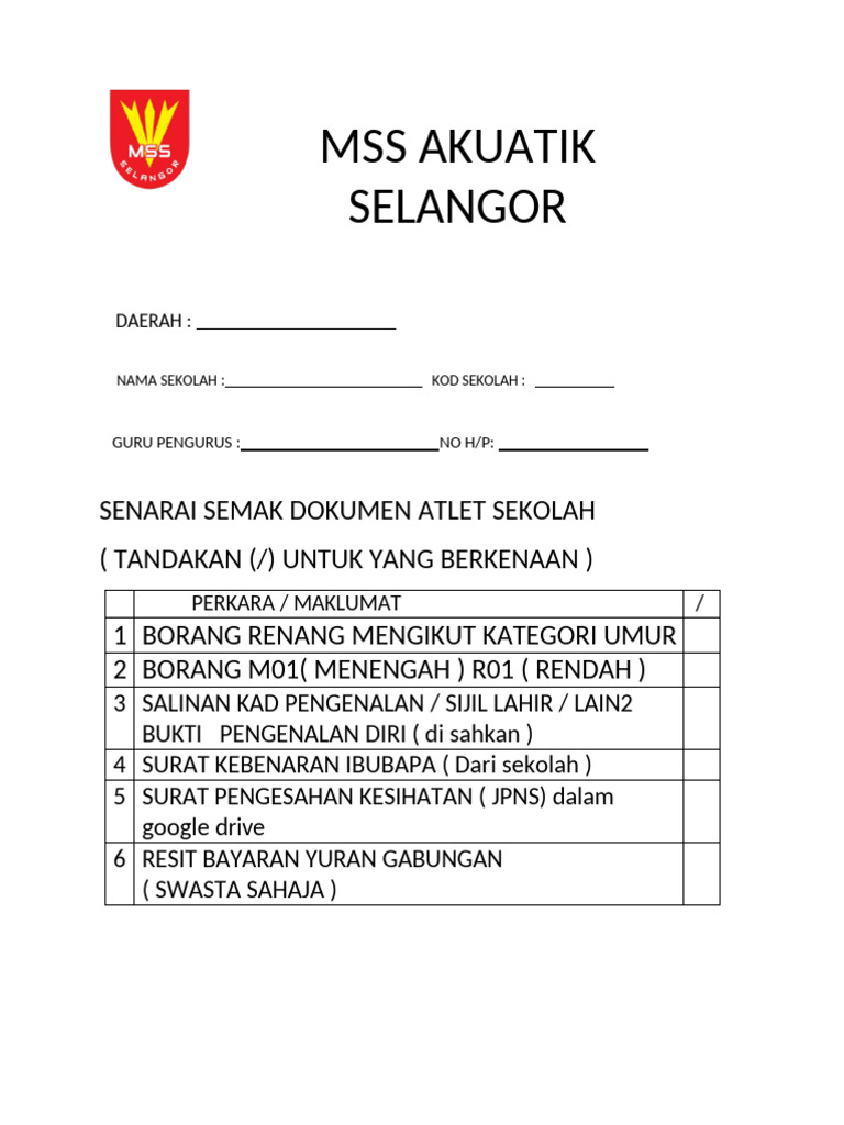 SENARAI SEMAK Sukan SKSC | PDF