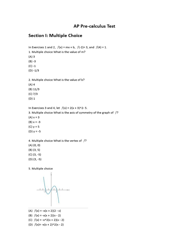 AP Pre-calculus Test Questions and Answers | PDF | Acid | Ph