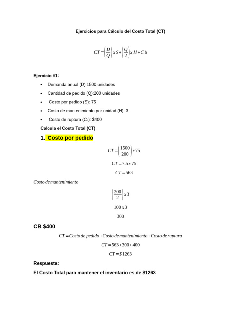 Ejercicios de Cálculo de Costo Total | PDF