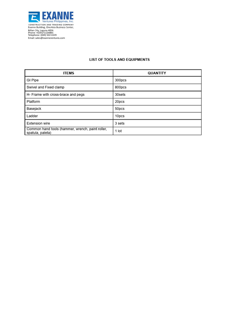 Emailing Exanne - List of Tools and Equipments - Nikkoshi (Lti) | PDF