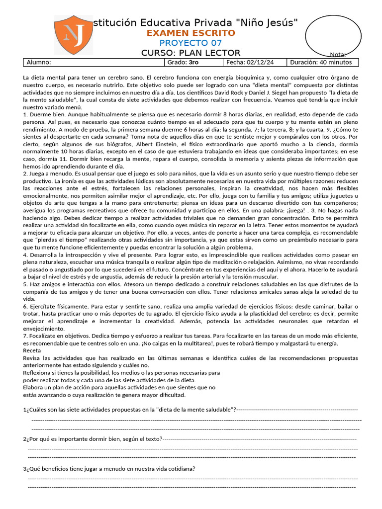 EXAMEN - P7 - 3ro Plan Lector | PDF | Mente | Creatividad