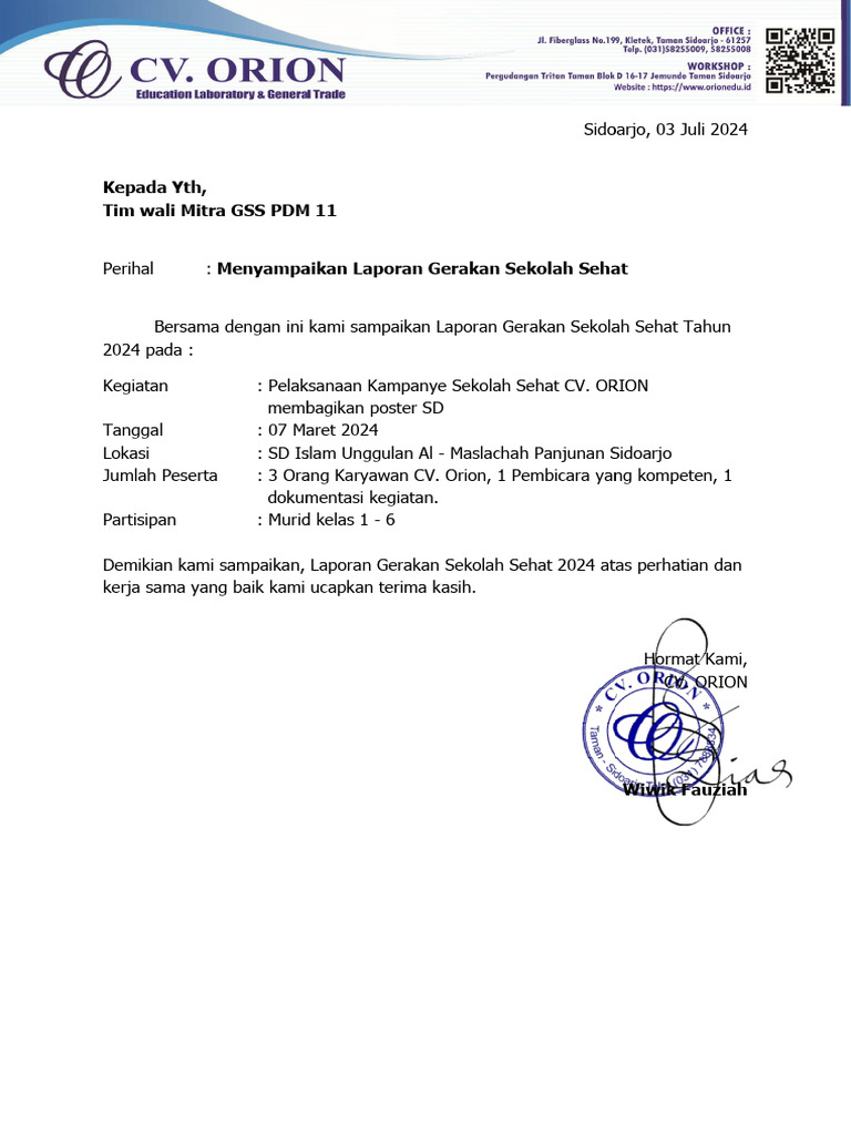 Laporan Gerakan Sekolah Sehat CV. ORION | PDF